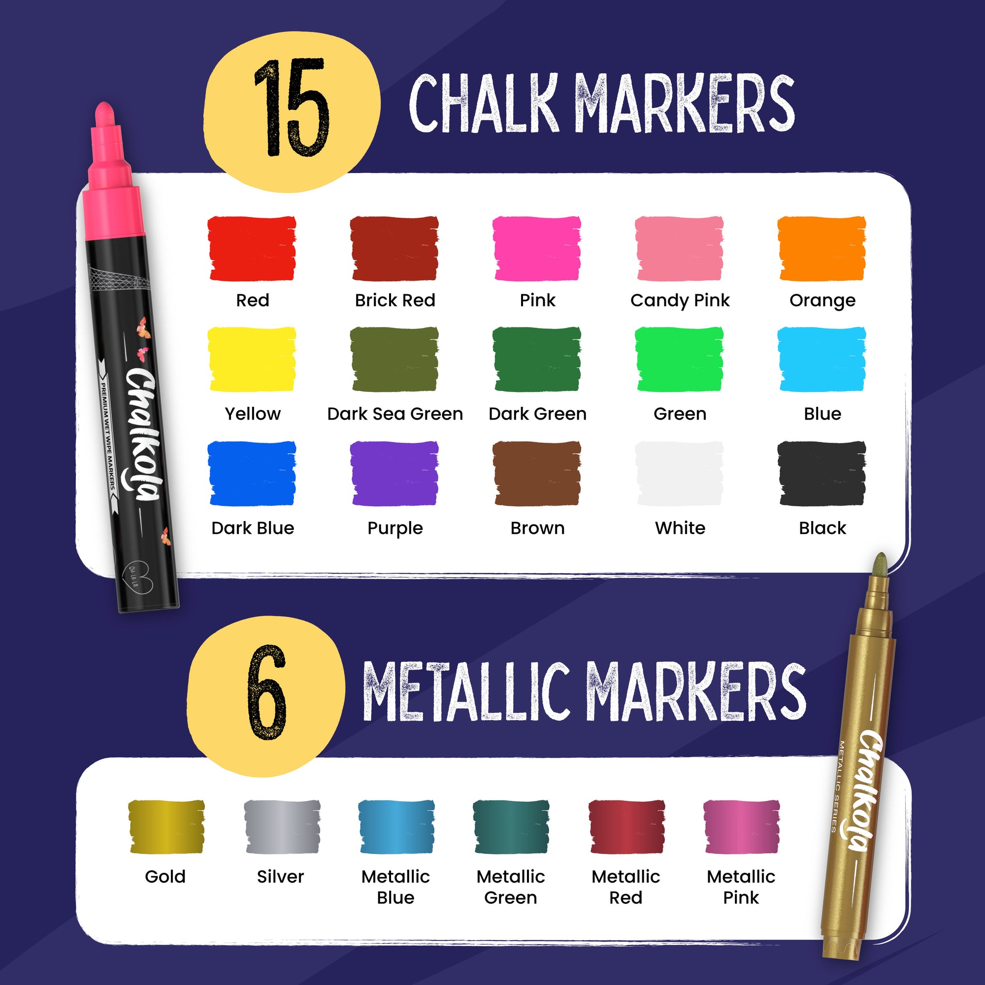 21 Chalk Markers, 6mm Reversible Tip | Neon + Metallic