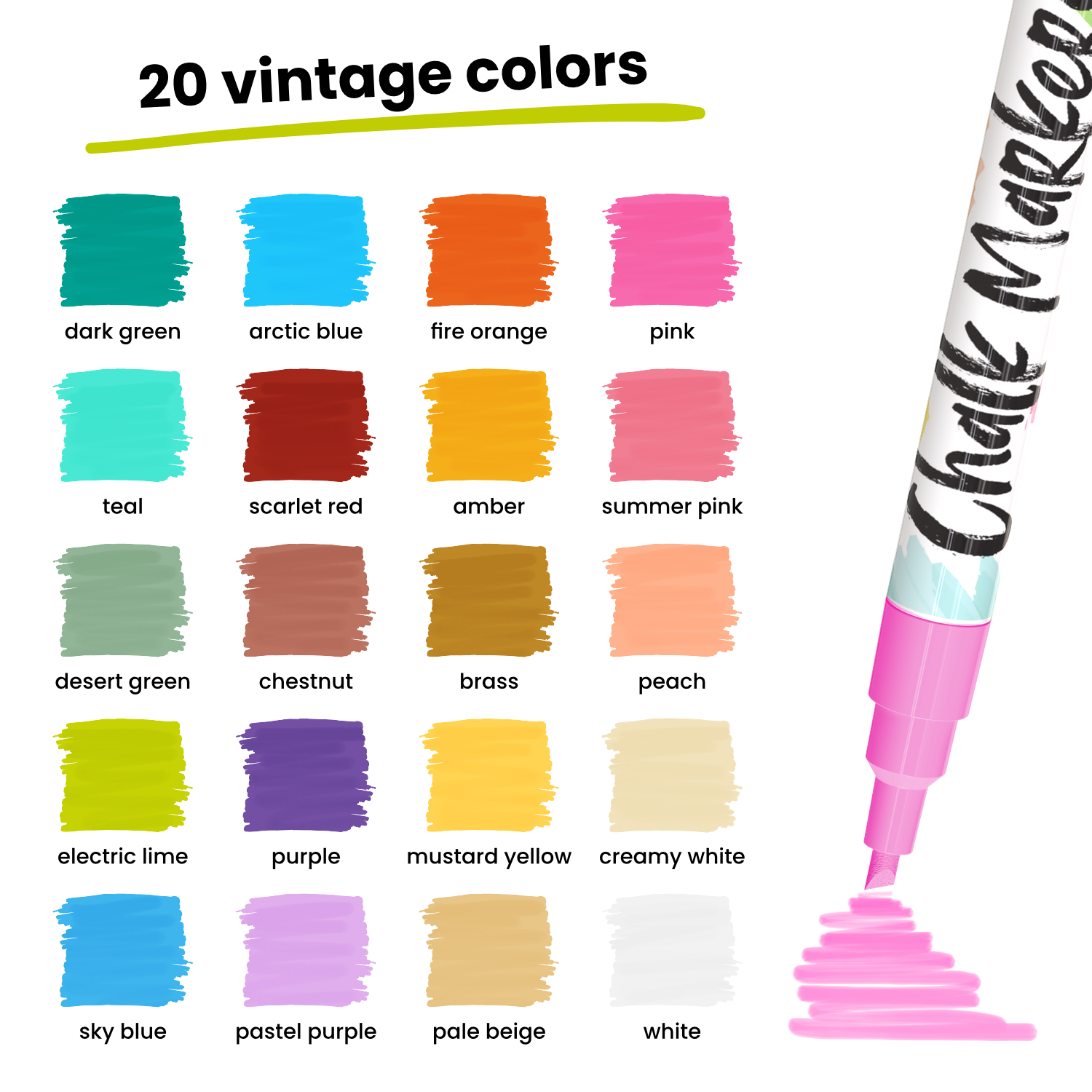 Vintage Colors Chalk Markers - Pack of 20 Pens - Chalkola Art Supply